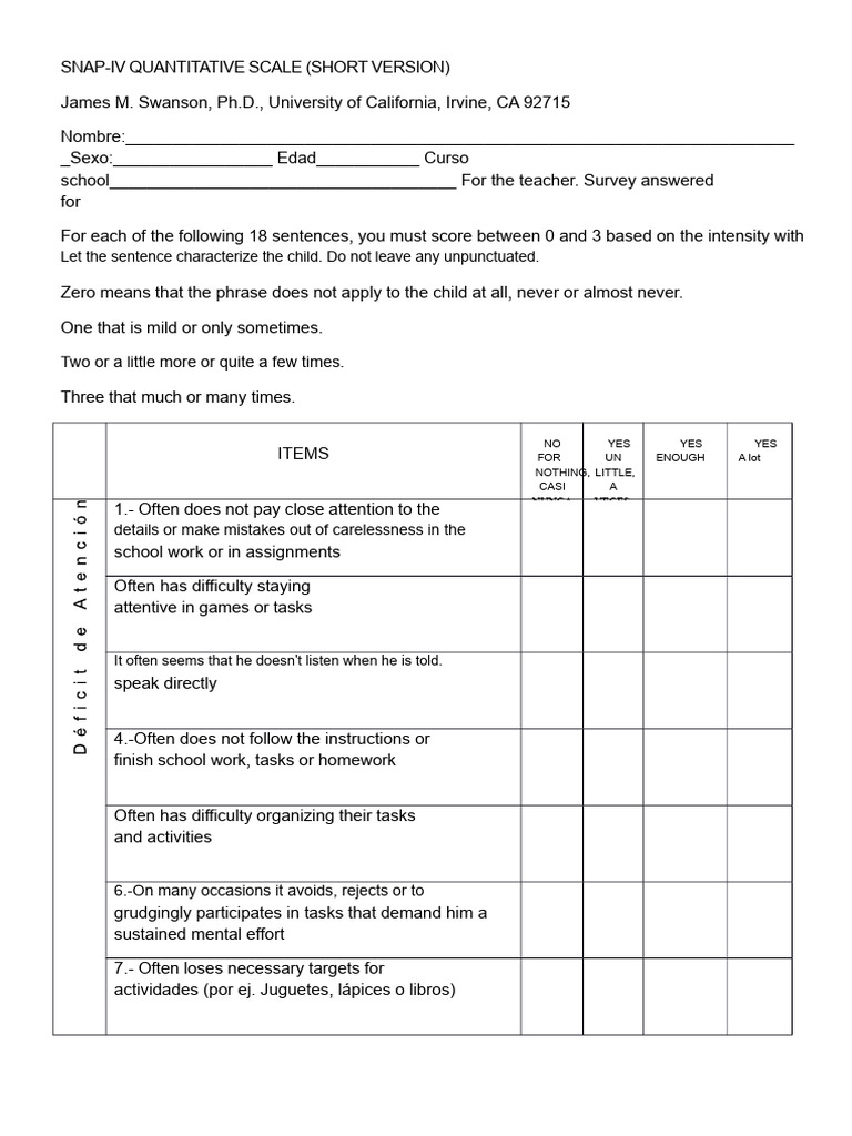 Quantitative Scale Snap-IV | PDF | Attention Deficit Hyperactivity ...