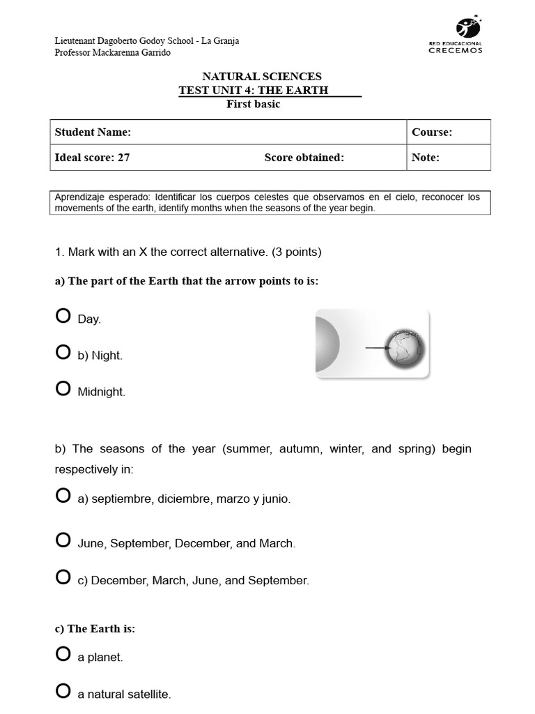 Natural Sciences Test UNIT 4 First Grade. | PDF