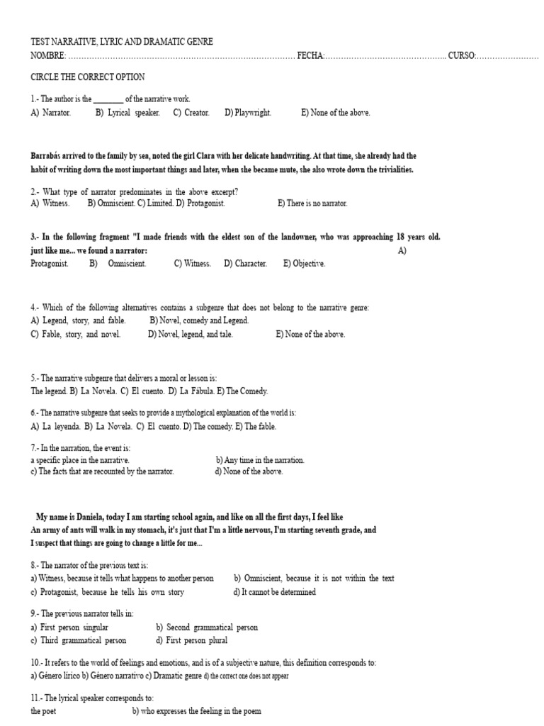 Test of Narrative, Lyric, and Dramatic Genre Name Margot Véjar | PDF ...