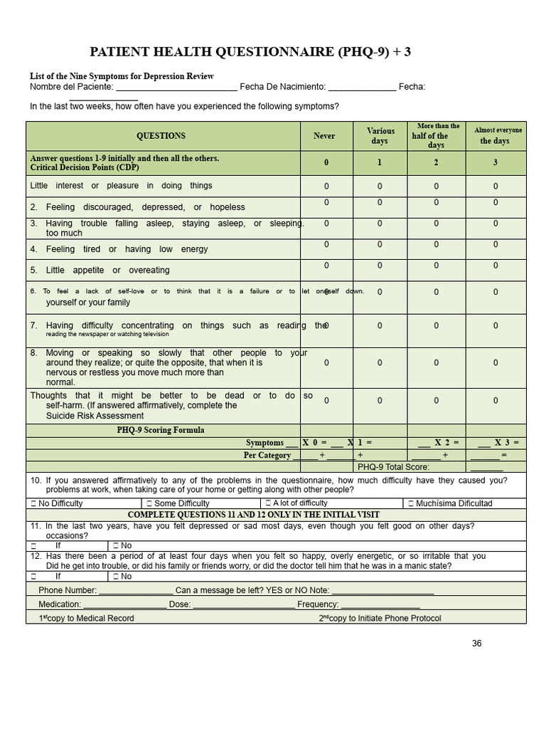 PHQ 9 Screening and Diagnosis English PDF | PDF | Mood Disorders ...
