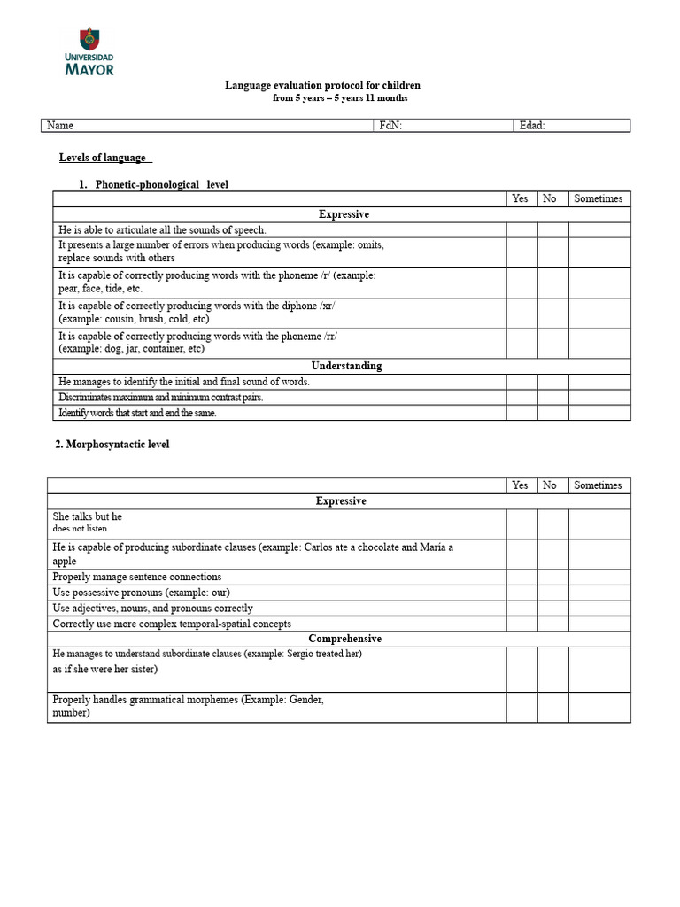 Linguistic Evaluation Guidelines For 5-Year-Old Child | PDF | Word | Morphology (Linguistics)