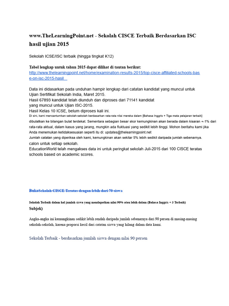 Www.thelearningPoint.net Sekolah-sekolah CISCE terbaik berdasarkan hasil ujian ISC 2015 | PDF
