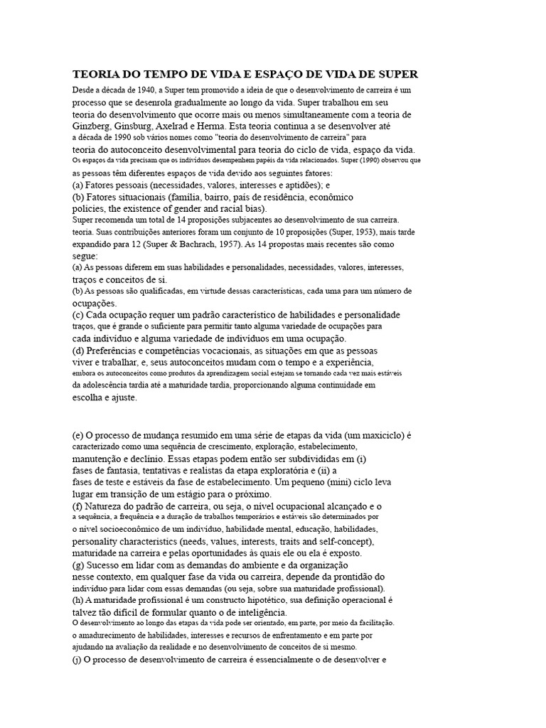 Teoria do Desenvolvimento de Carreira Super | PDF | Autoimagem ...