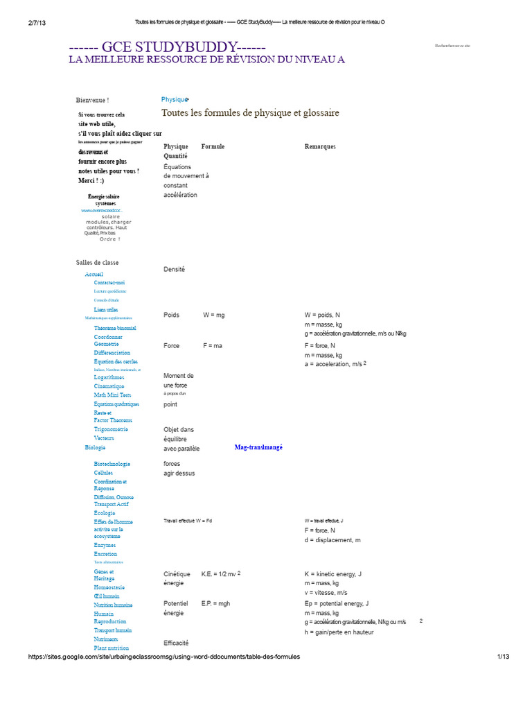 Formules essentielles de physique A-Level | PDF | Obliger | Température