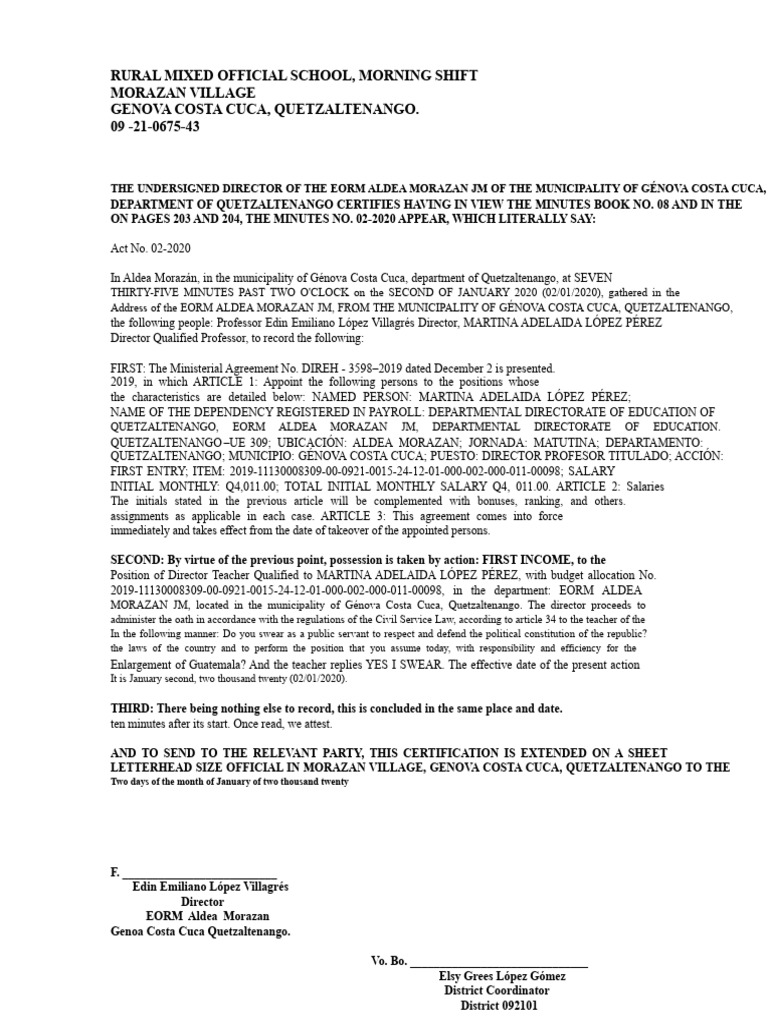 MODEL OF ACT OF TAKING OFFICE FIRST ENTRY 2020 MARTINA LOPEZ.docx | PDF ...