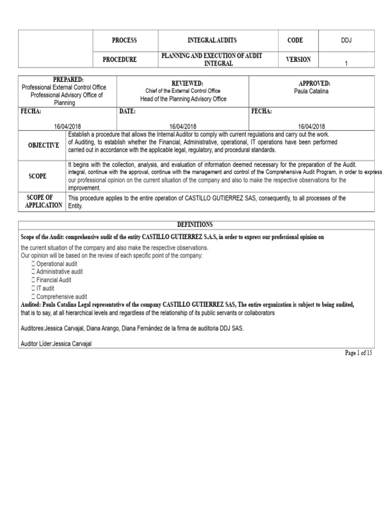 Example of Comprehensive Audit Plan | PDF | Audit | Internal Control