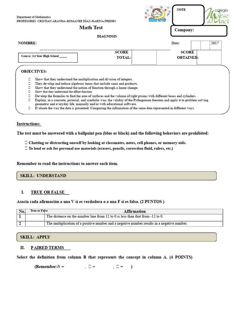 First Year Diagnostic Test | PDF | Mathematics | Geometry