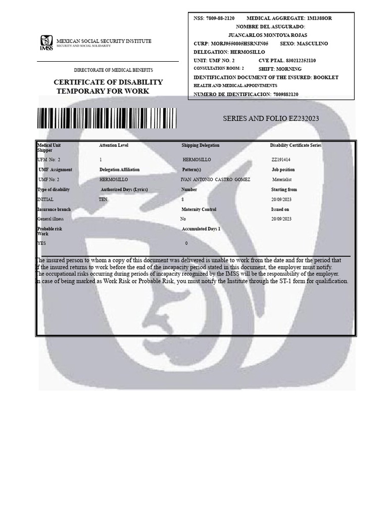 Disability Certificate for Juancarlos Montoya | PDF
