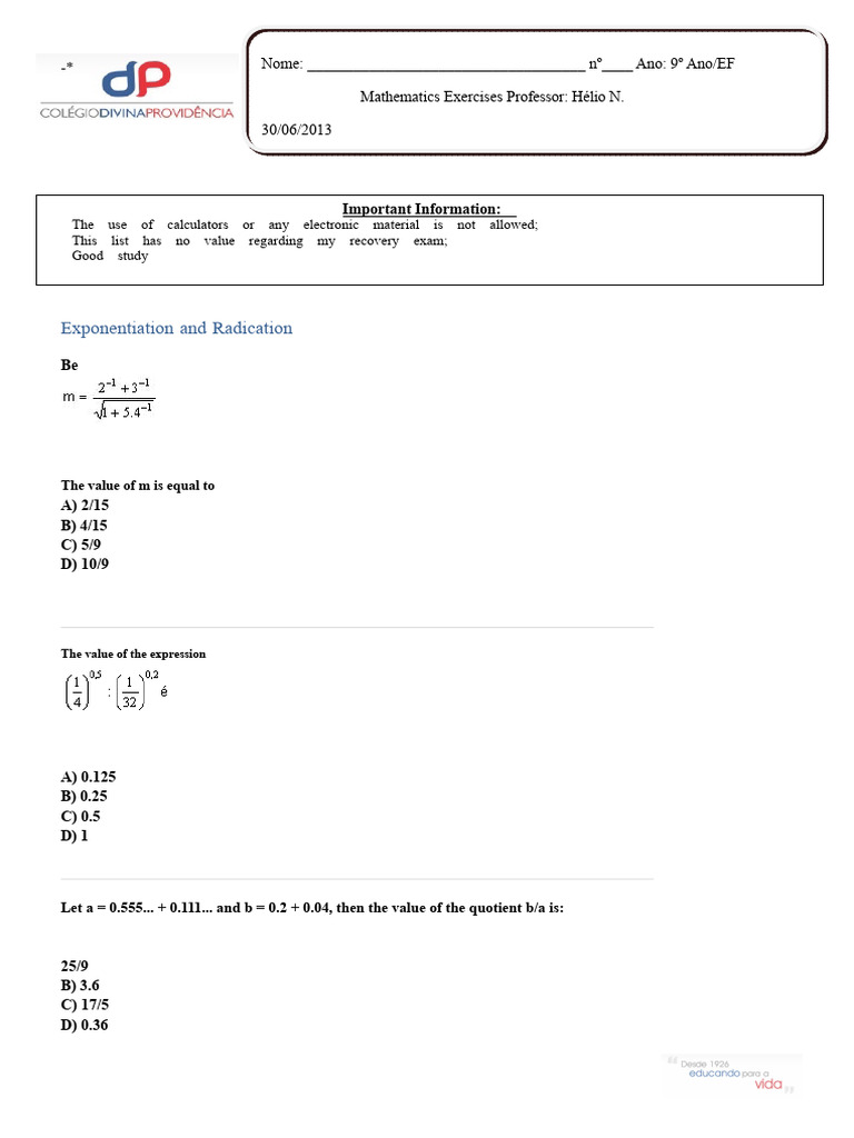 9th Grade Math Exercises and Solutions | PDF | Exponentiation | Numbers