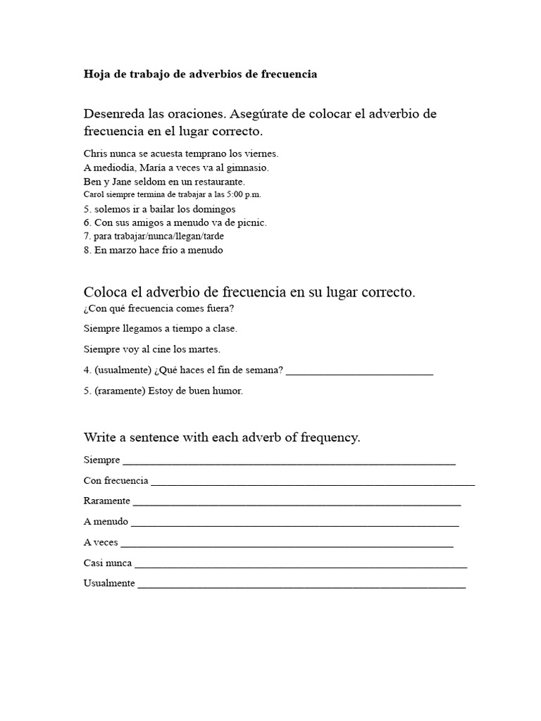 Ejercicios de Adverbios de Frecuencia | PDF