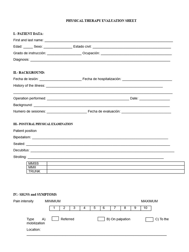 Physical Therapy Evaluation Form | PDF | Physical Therapy | Diseases ...