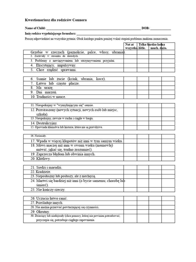 KARTY CHECKLIST I SKALA OCENY CONNERS - Podsumowanie | PDF