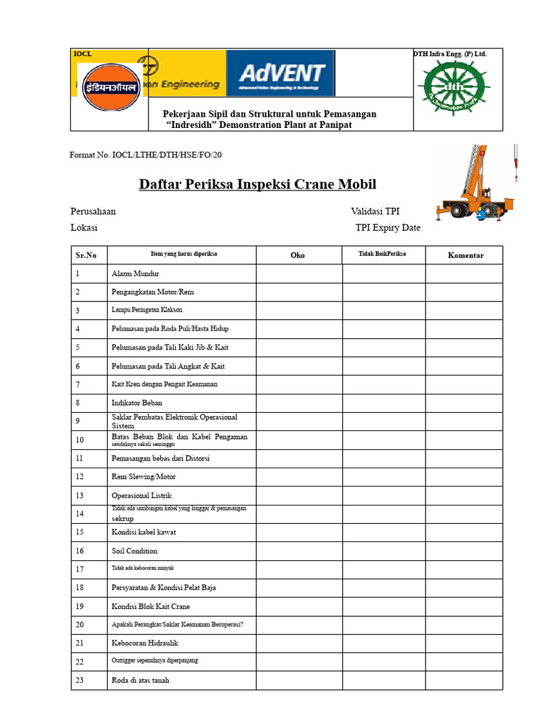 Daftar Periksa Crane untuk Proyek IOCL | PDF