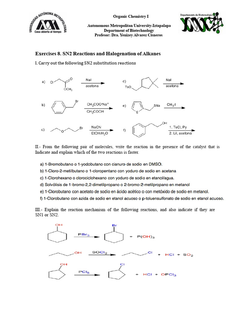Exercises 8 1.SN2 Reactions PDF | PDF | Chemical Reactions | Ether