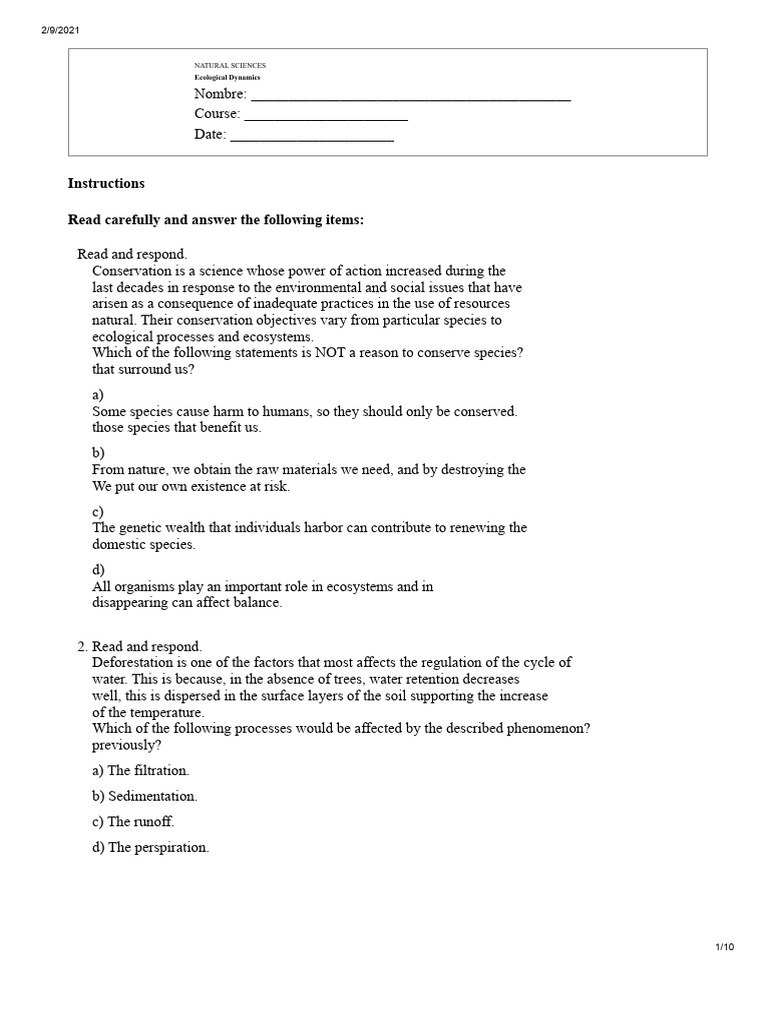 Ecological Dynamics and Conservation Quiz | PDF | Ecology | Ecosystem