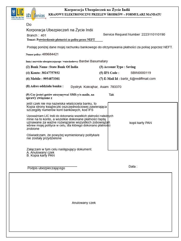 LIC NEFT - Form - 2223110110190 | PDF