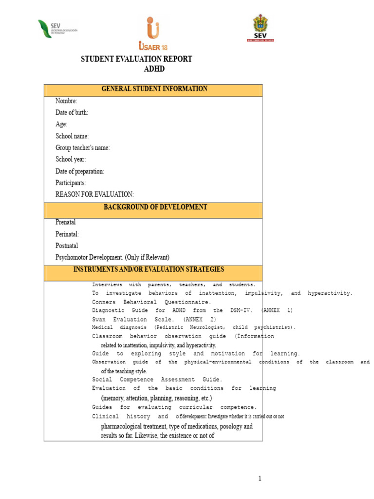 ADHD Student Evaluation Report | PDF | Attention Deficit Hyperactivity ...