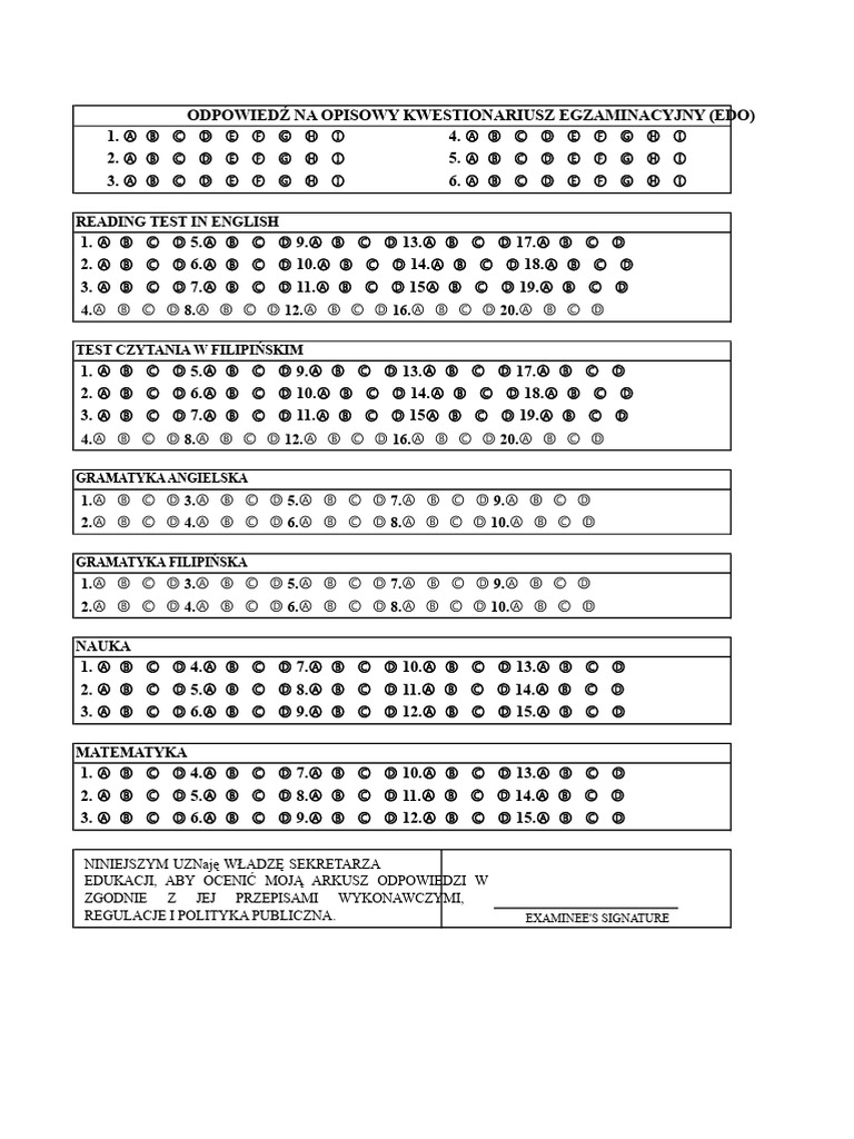 Arkusz Odpowiedzi Deped Nat g3 (Tył) | PDF