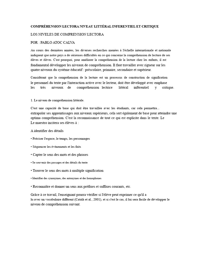 Niveaux de compréhension littérale en lecture | PDF