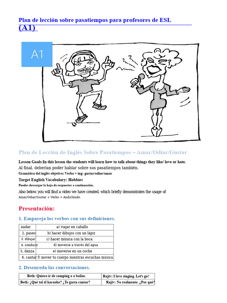 Plan de Lección de Pasatiempos para ESL | PDF