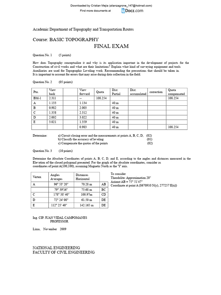 Basic Topography Final Exam Questions | PDF | Surveying | Topography