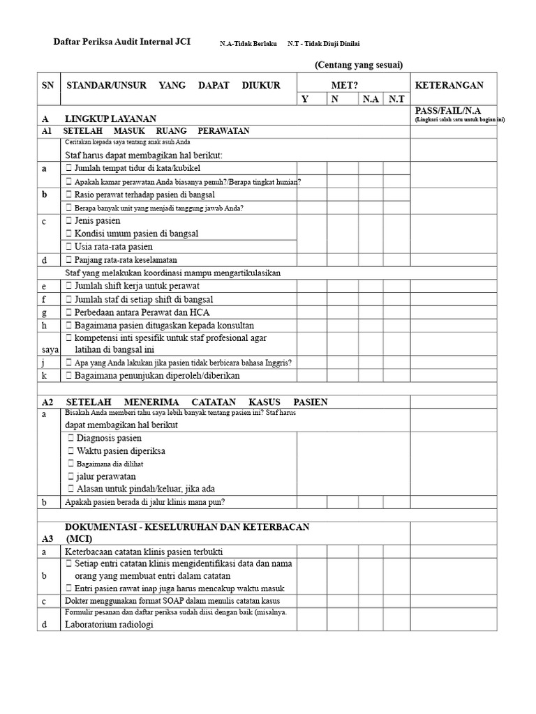 Daftar Periksa Audit Internal JCI | PDF