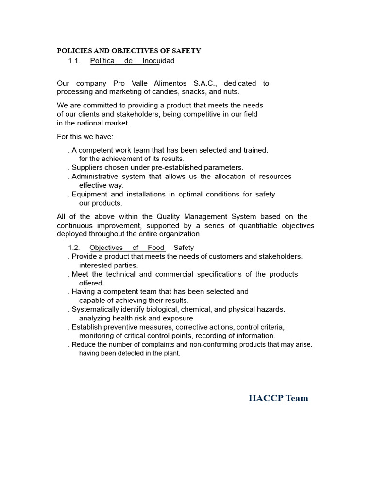 Food Safety Policies and Objectives | PDF
