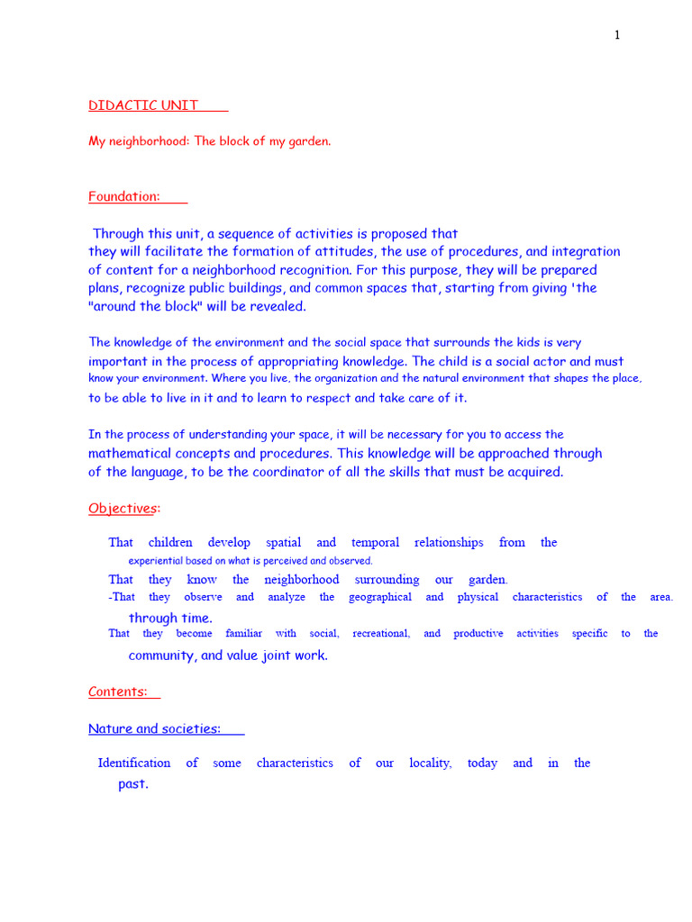 didactic unit my neighborhood block my garden | PDF | Knowledge | Space