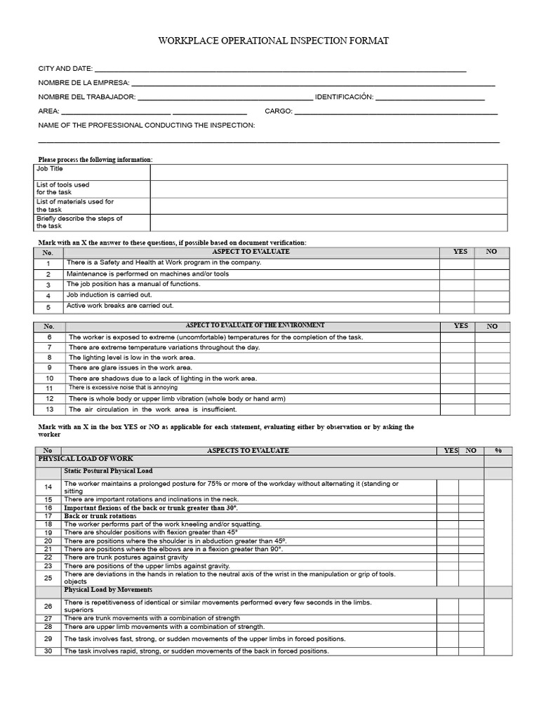 Workplace Operational Inspection Checklist | PDF | Anatomical Terms Of ...