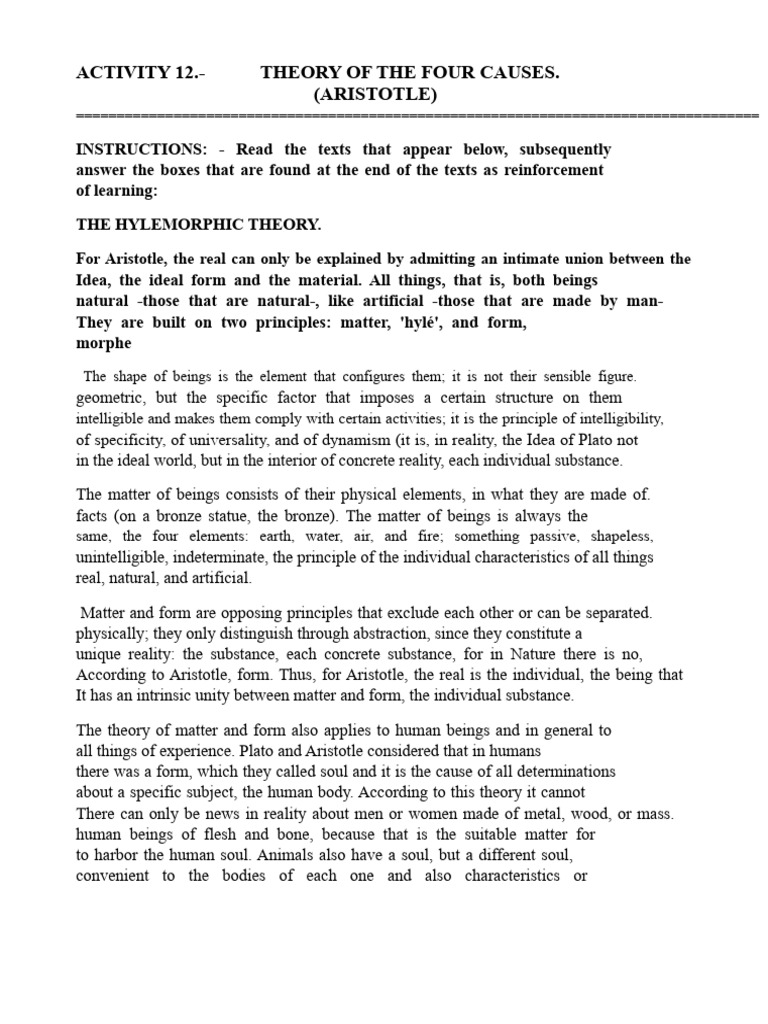 ACTIVITY 12.- THEORY OF THE FOUR CAUSES (EXERCISE 1) | PDF | Aristotle ...
