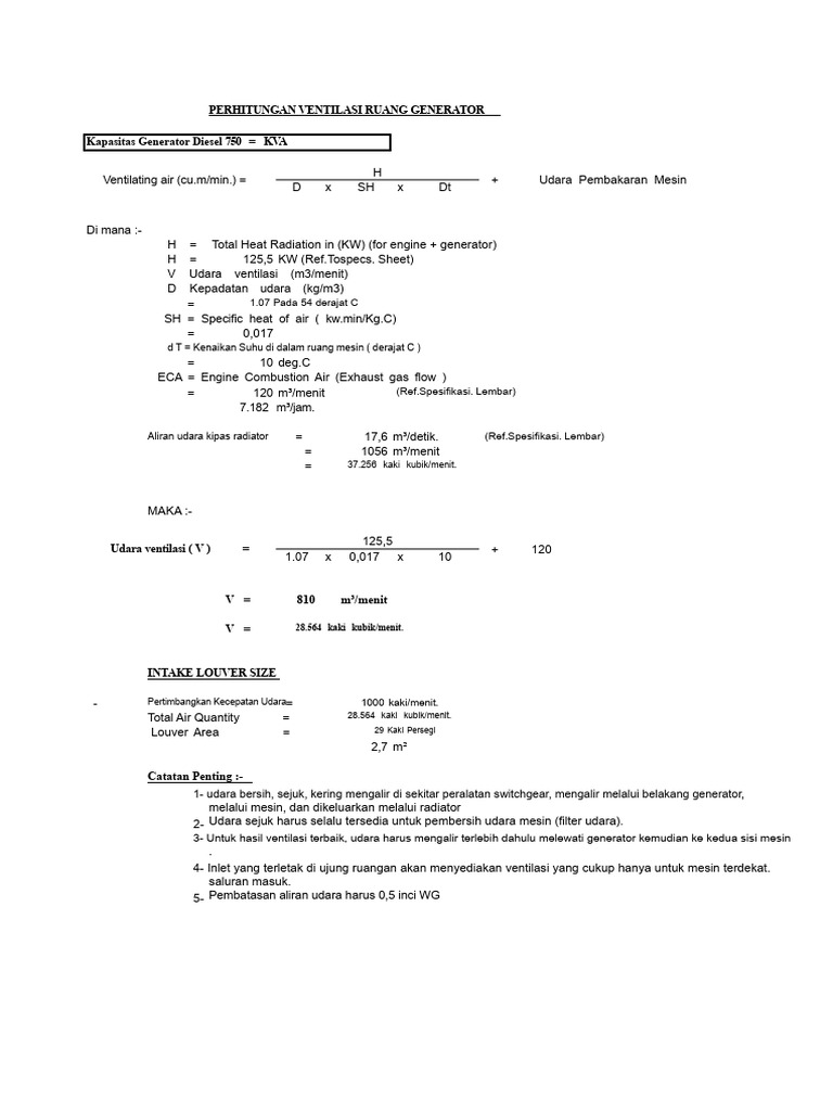 Perhitungan Ventilasi Generator Diesel | PDF