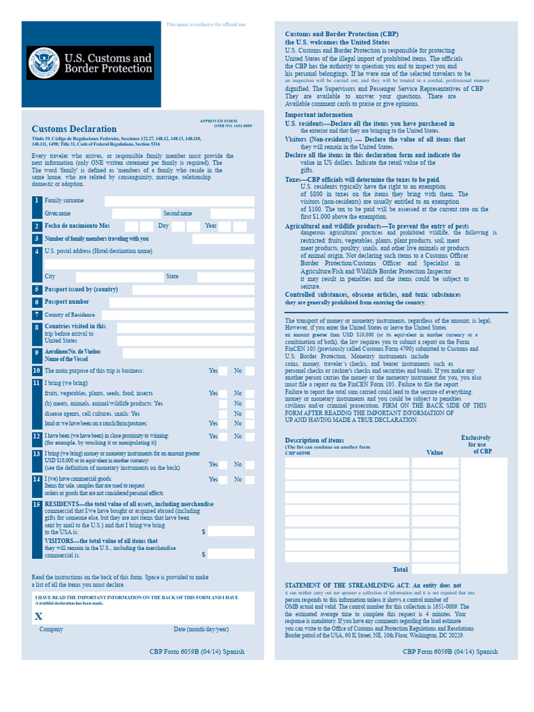 CBP Form 6059b Spanish (Fillable) | PDF | Customs | U.S. Customs And ...