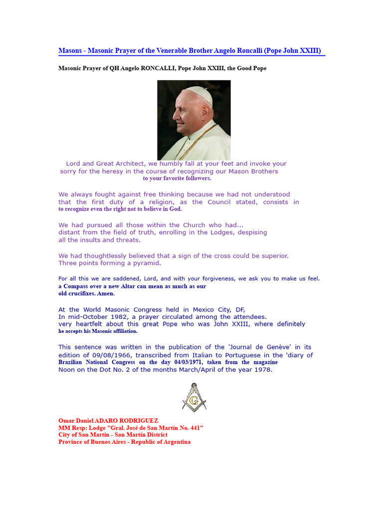 Freemasons - Masonic Prayer of QH Angelo Roncalli (Pope John XXIII) | PDF
