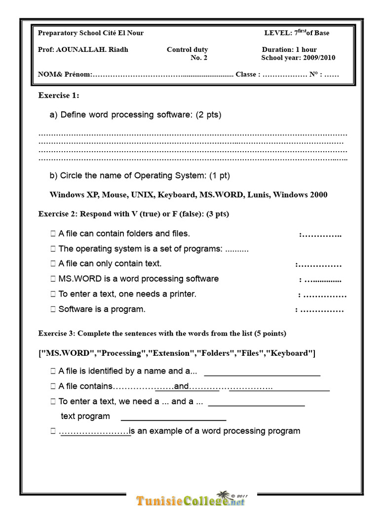 Control Assignment No. 2 - Computer Science - 7th Grade (2009-2010) Mr ...