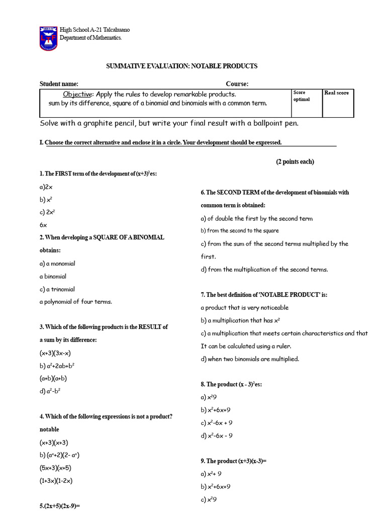 Notable Products Evaluation Guide | PDF | Summation | Multiplication