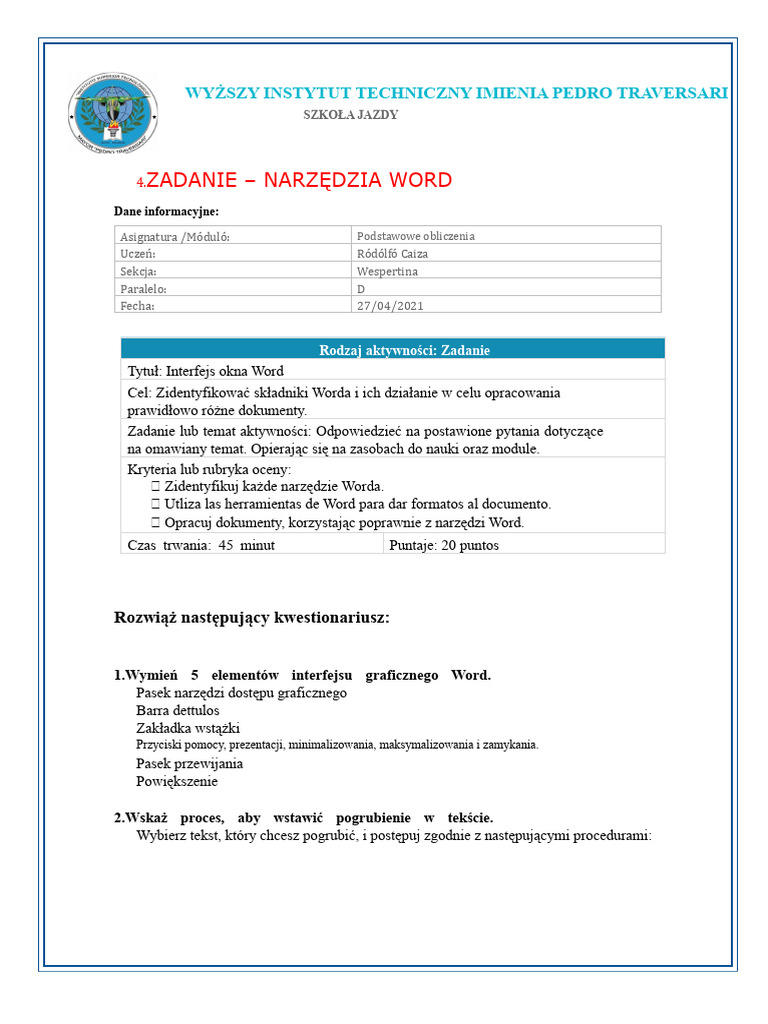 Zadanie - Narzędzia Word | PDF