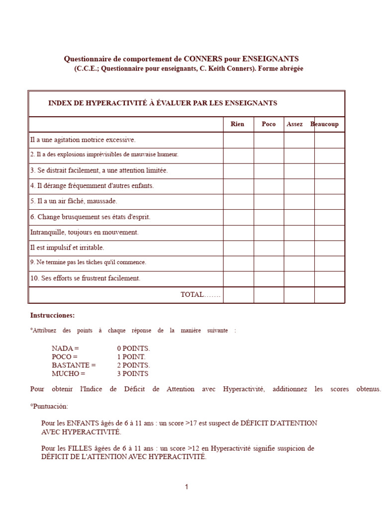 Questionnaire Conners sur l'hyperactivité | PDF | Échecs | Ouverture ...