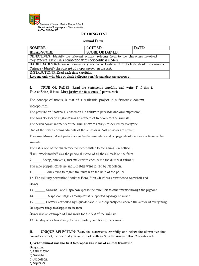 READING TEST The Animal Farm | PDF