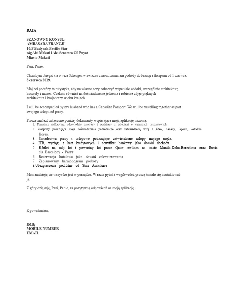 List Motywacyjny Do Wizy Schengen | PDF