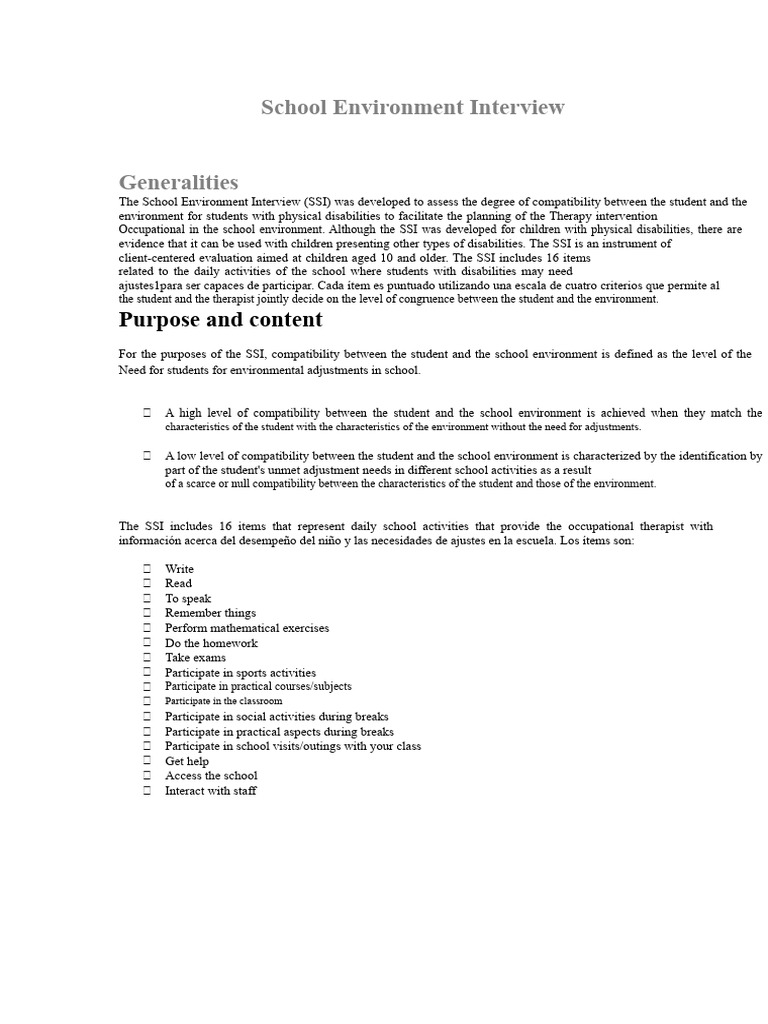 School Environment Interview for Disabilities | PDF | Occupational Therapy