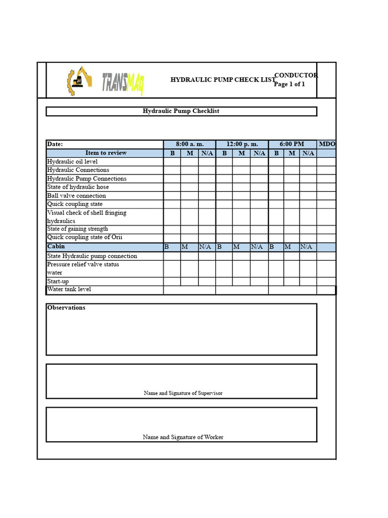 Hydraulic Pump Checklist | PDF
