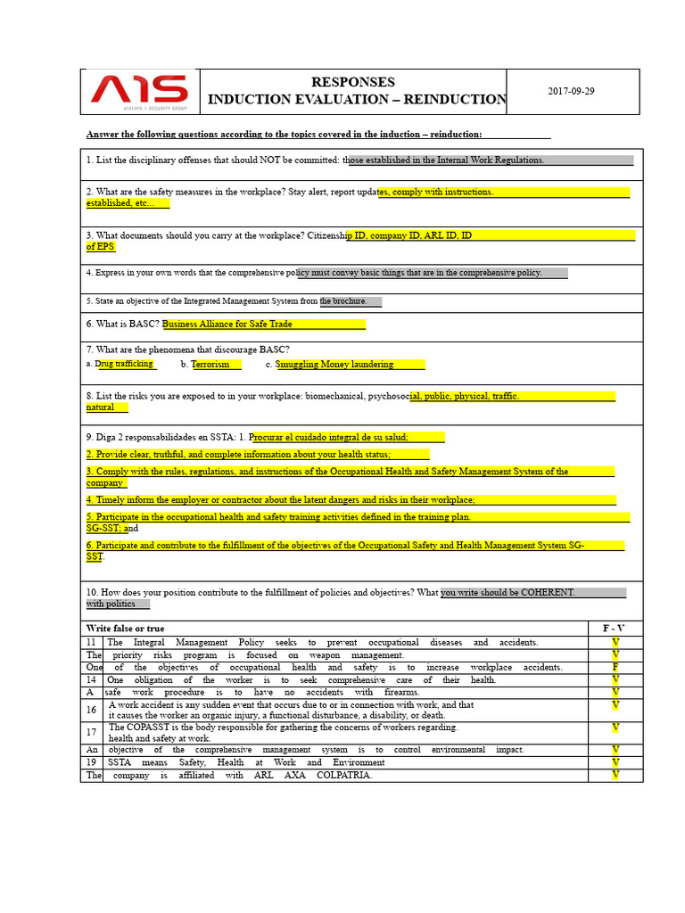 Induction Evaluation Responses v. 02 (29-Sep-2017) | PDF | Occupational ...