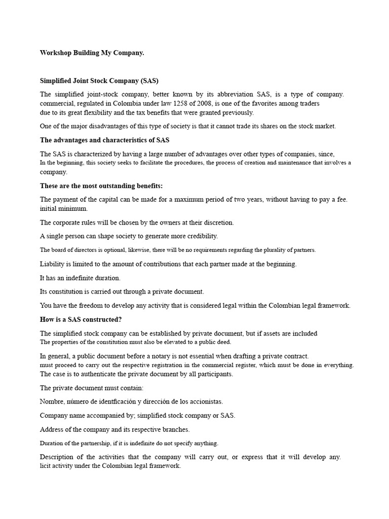 Workshop Building My Company - Simplified Stock Company (SAS) | PDF ...