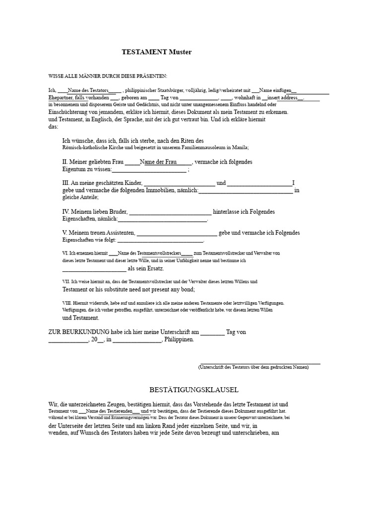 Muster eines Testaments | PDF
