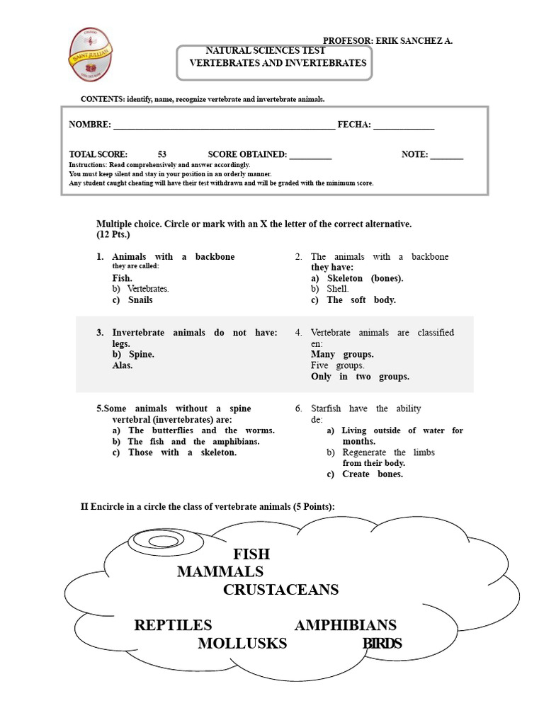 Test Science Vertebrates and Invertebrates 2 Basic | PDF | Invertebrate ...