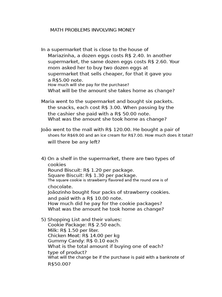 Math Problems Involving Money Calculations | PDF