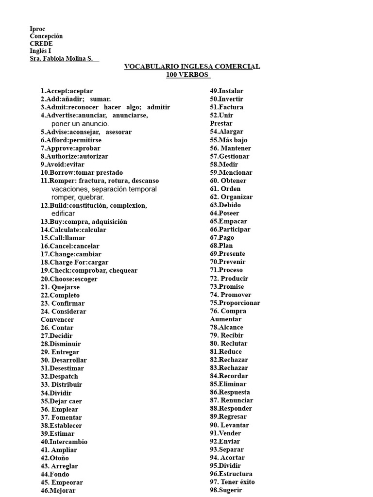 100 Verbos Clave en Inglés Comercial | PDF