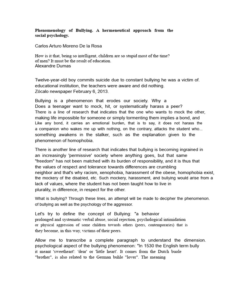 Phenomenology of Bullying. A Hermeneutic Approach From Social Psychology. | PDF | Bullying | Hatred