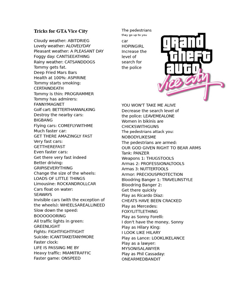 Tricks for GTA Vice City | PDF | Military Vehicles | Tanks