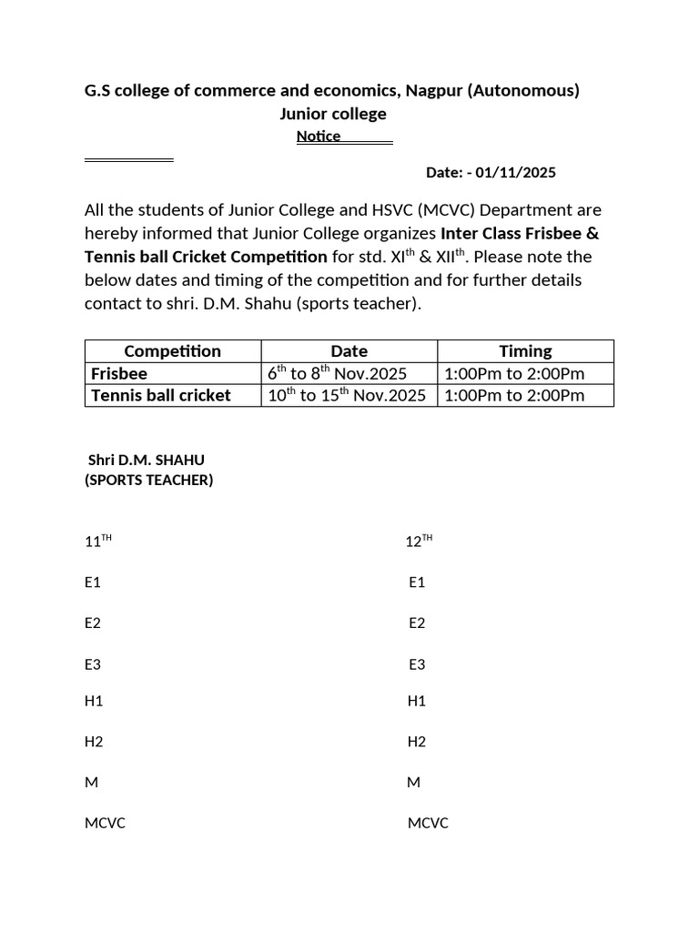 Inter Class Frisbee & Tennis Ball Cricket Competition Fixture | PDF
